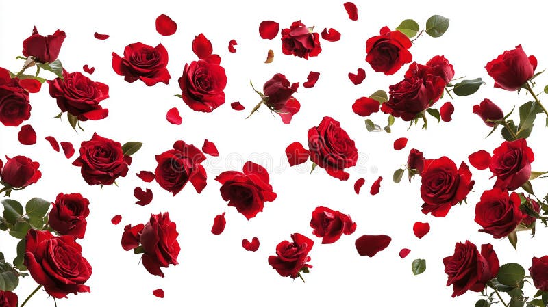 Romantic Red Roses Falling Petals Floral Design Background Love White ...
