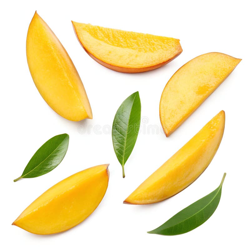 Falling Ripe Mango Slices with Leaf Isolated on White Background Stock ...