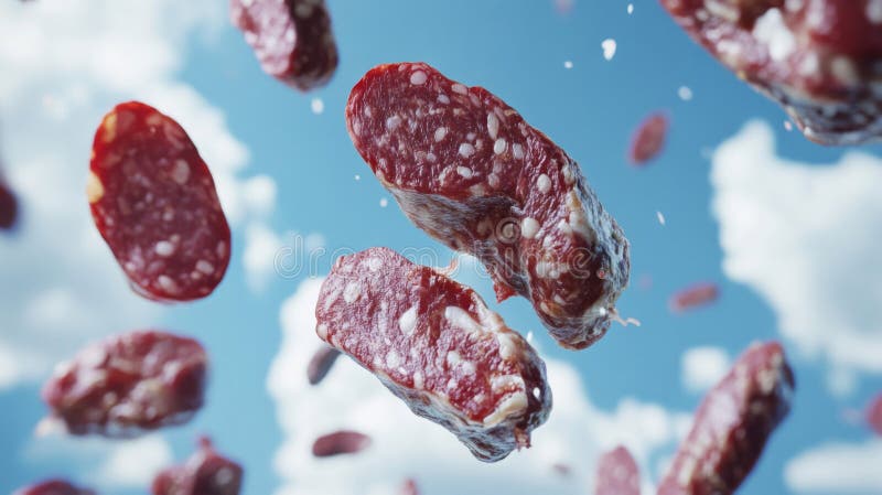 Falling Salami Slices Against Blue Sky Stock Illustration ...