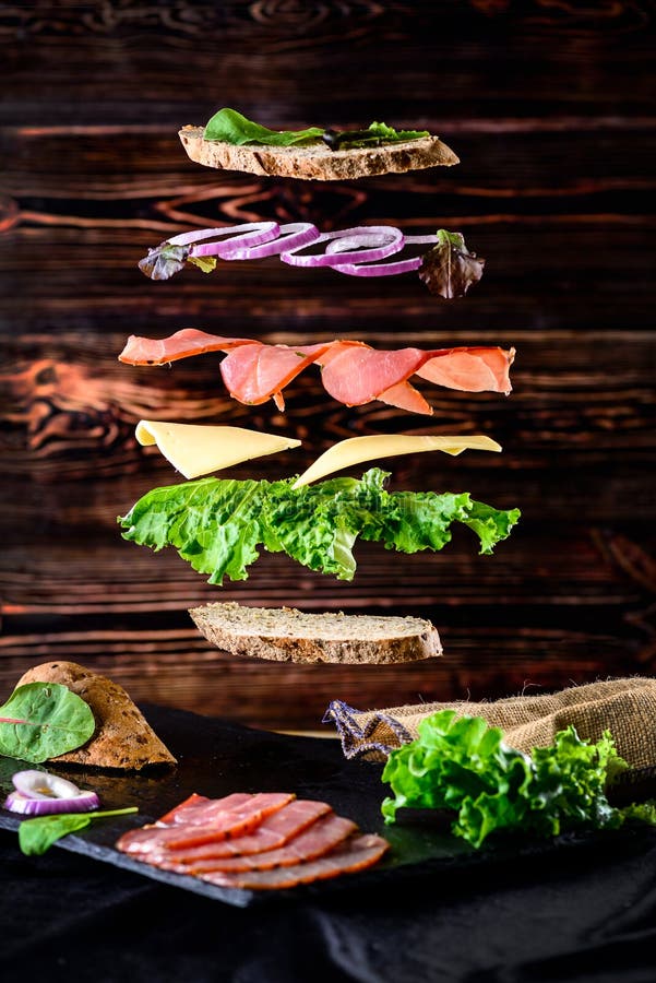 Falling Sandwich with Vegetable, Meat and Cheese, Levitating, Ru Stock ...