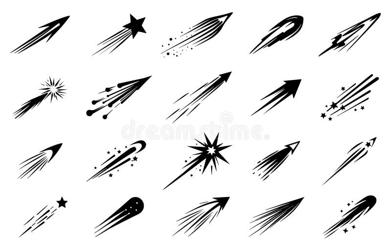 Falling Shooting Stars Black Icons Set. Meteorite and Comet Symbols ...