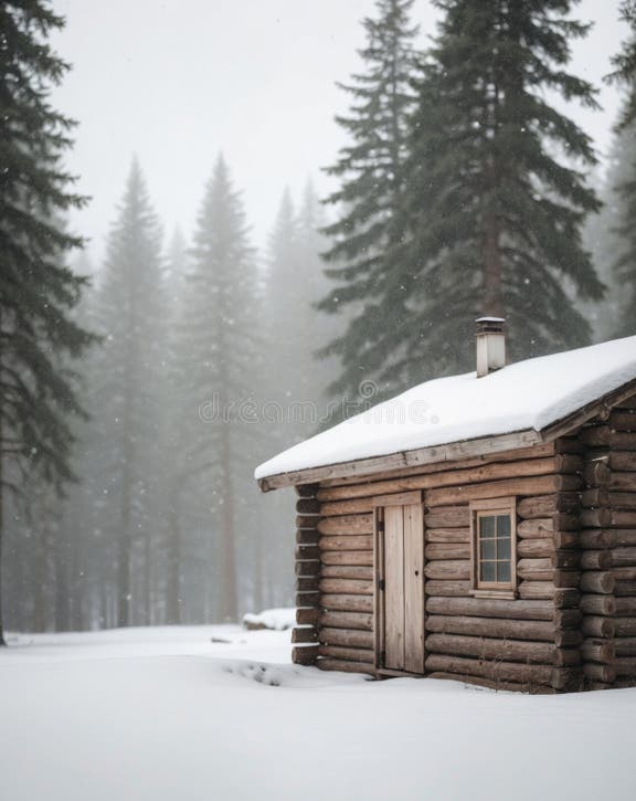 Falling Snow Over a Log Cabin in a Dense Forest. Stock Image - Image of ...