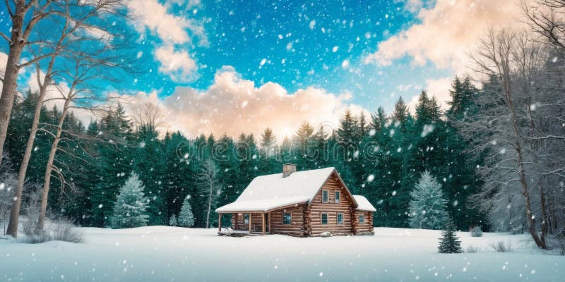 Falling Snow Over a Log Cabin in a Dense Forest. Stock Image - Image of ...