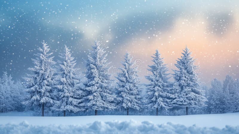 Falling Snow Over Pine Trees at Dusk Stock Illustration - Illustration ...
