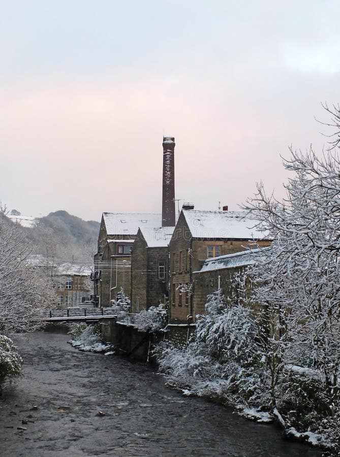 Falling Snow Over the River Calder in the West Yorkshire Town of Hebden ...
