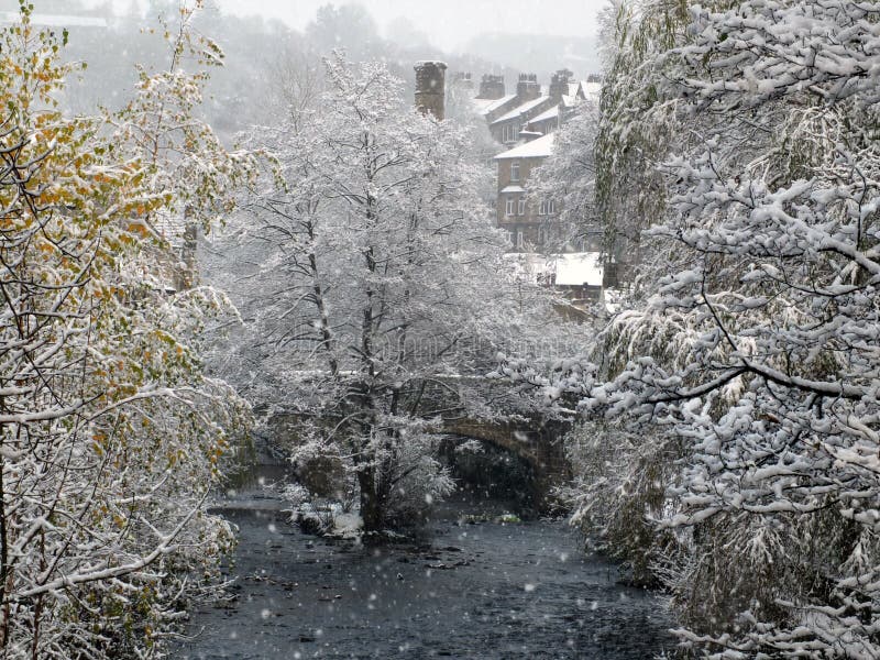 Falling Snow Over the River in the West Yorkshire Town of Hebden Bridge ...