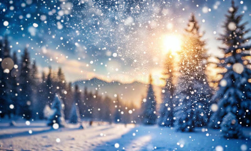 Falling Snow in the Sunlight in a Spruce Forest Near the Mountains ...