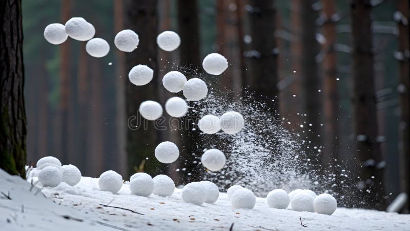 Falling Snowballs in a Snowy Forest Capturing Movement Stock ...