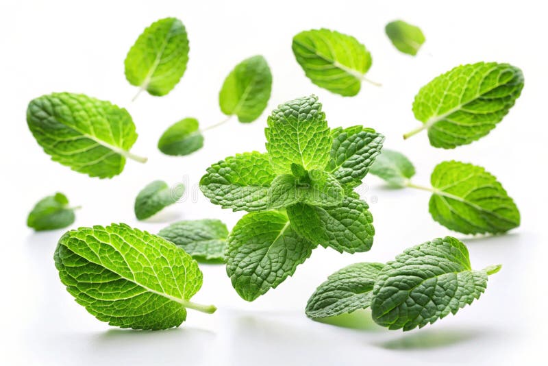 Falling Mint Leaves, Spearmint, Isolated on White Background, Selective ...
