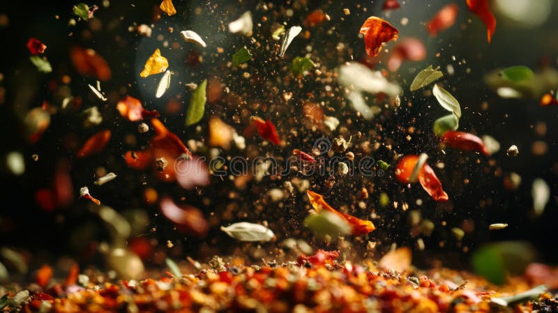 Falling Spices and Herbs Against Dark Background Stock Illustration ...