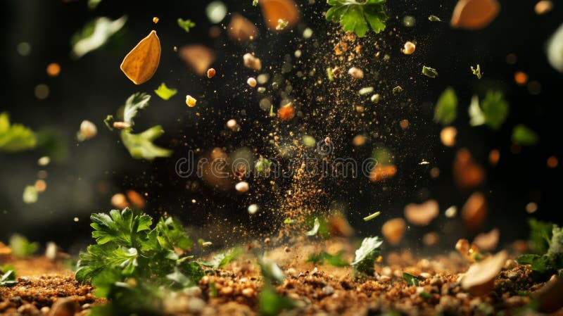 Falling Spices and Herbs on Dark Background Stock Illustration ...