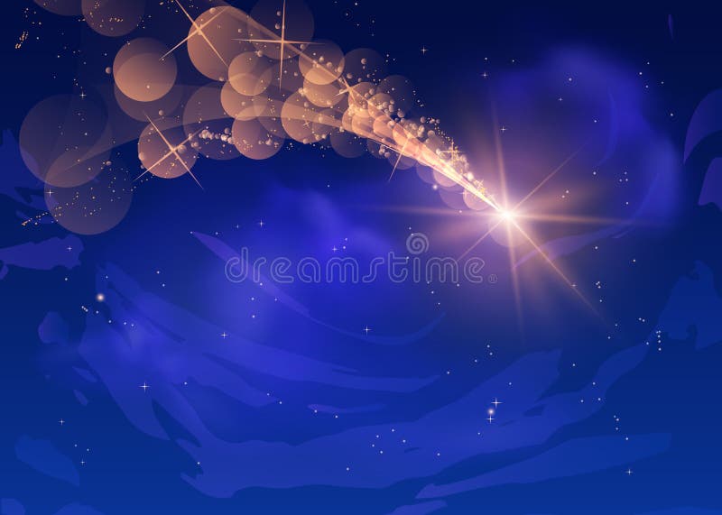 Falling Star, Comet or Asteroid with Orange Sparkling Flame Trail in ...