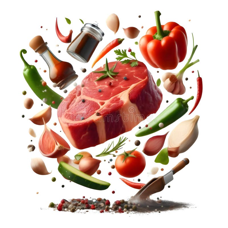 Falling steak meat stock illustration. Illustration of vegetable ...
