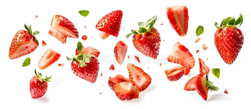 Falling Strawberries on a White Background. Juicy Red Berries in Close ...