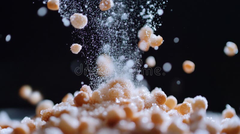 Falling Sugar Crystals on Brown Crumbs Against Black Background Stock ...