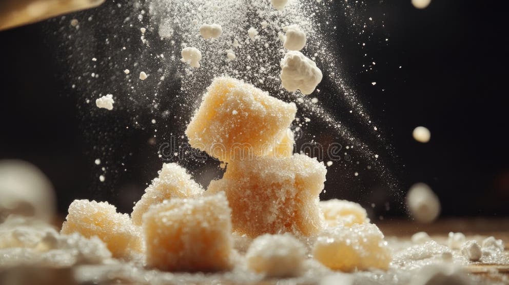 Falling Sugar Cubes in Powder on Dark Background Stock Illustration ...