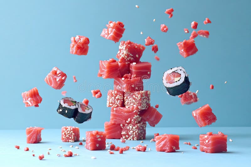 Falling Sushi Pieces Create a Dynamic Display Against a Light Blue ...