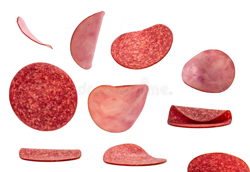 Falling Tasty Salami Isolated on White Stock Photo - Image of meat ...