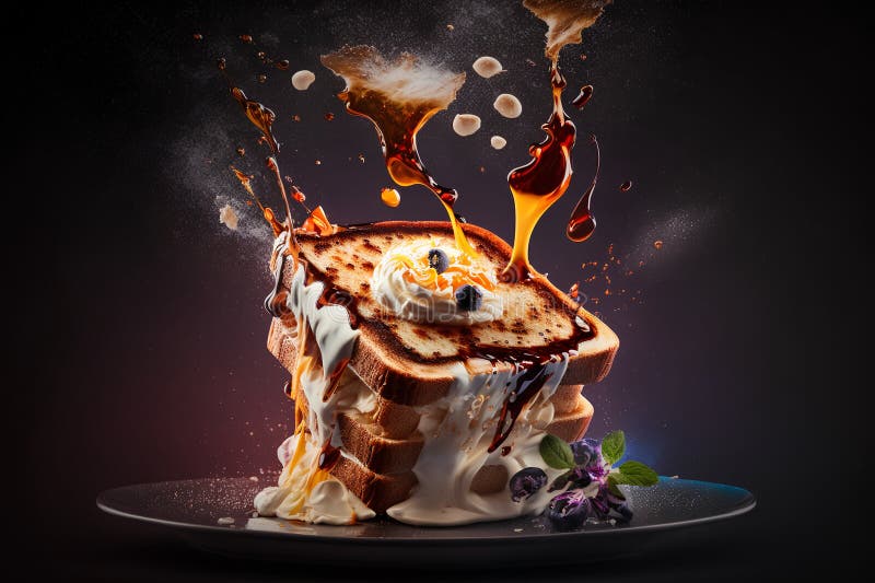 Falling Toast with Whipped Cream, Jam and Berries. 3d Rendering Stock ...