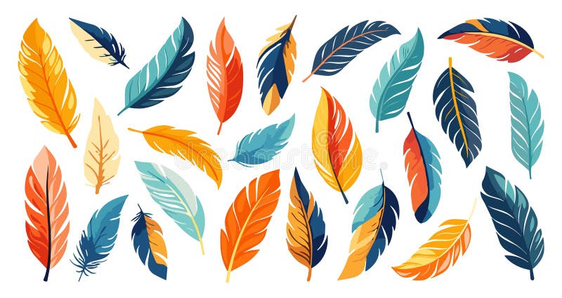 Falling Twirled Feather Set. Colorful Bird Feathers. Boho Decorative ...