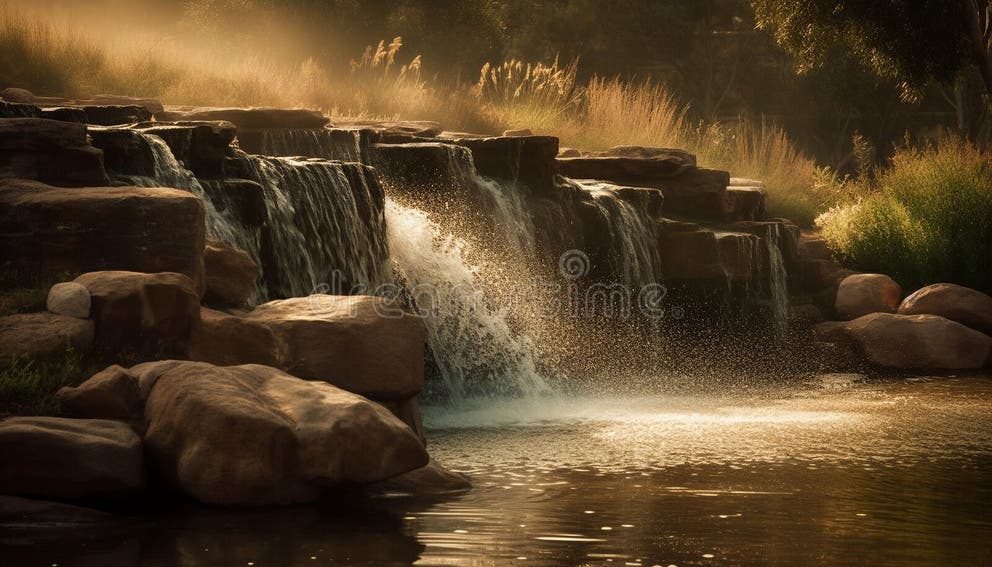 Falling Water Flows Over Rocky Cliff Edge Generated by AI Stock Image ...