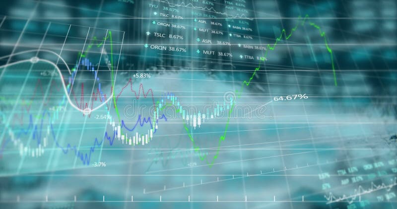 Falling White Particles Forming Cloud Grid Fading As Line Graphs Rising ...