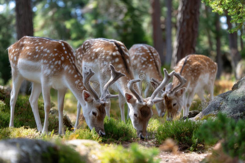 Fallow Deer Grazing in a Serene Forest during the Golden Hour Stock ...