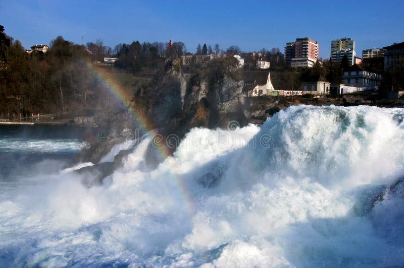 Falls of River Rhine, Switzerland Stock Photo - Image of building ...