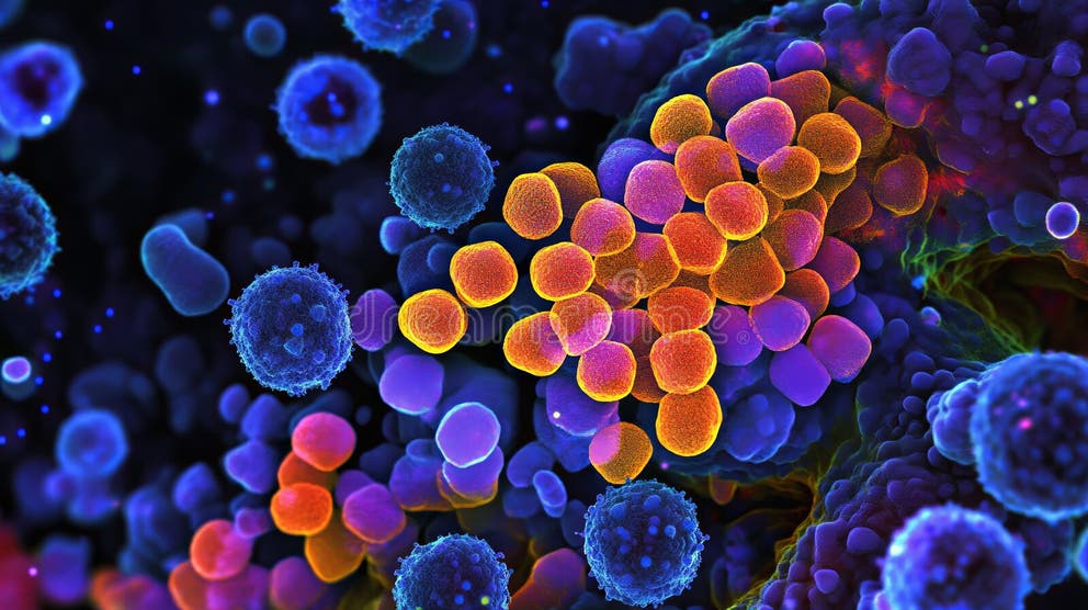 A False-color Image of HMPV Particles Floating among Immune Cells Stock ...