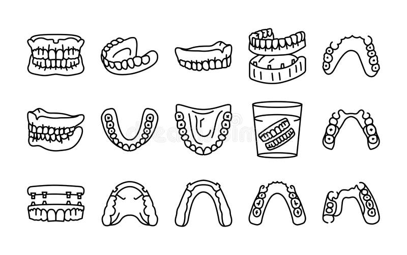 False Teeth Line Icons Set. Dental Prosthetic Stock Vector ...