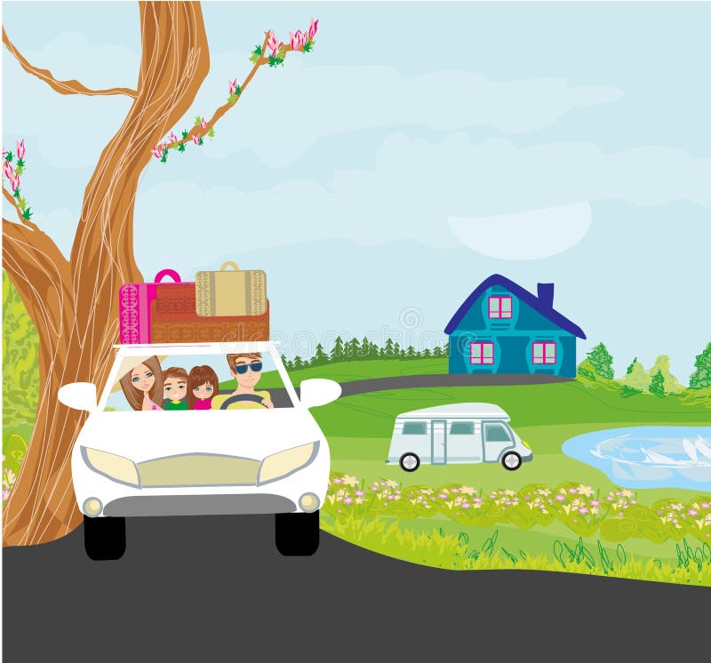 Familie Die Door Rode Auto Met Bagage Reizen Vector Illustratie ...