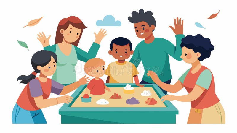 Families Gather Around a Sensory Table Using Their Hands To Explore ...