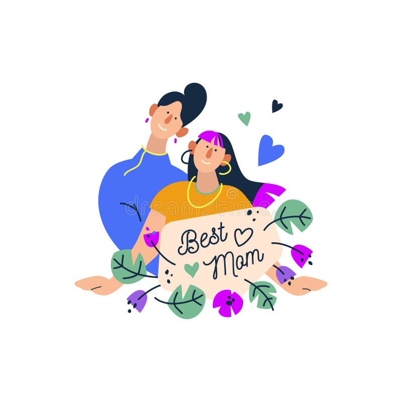 Vector Cartoon Style Illustration of Happy Mother Hugging Daughter ...