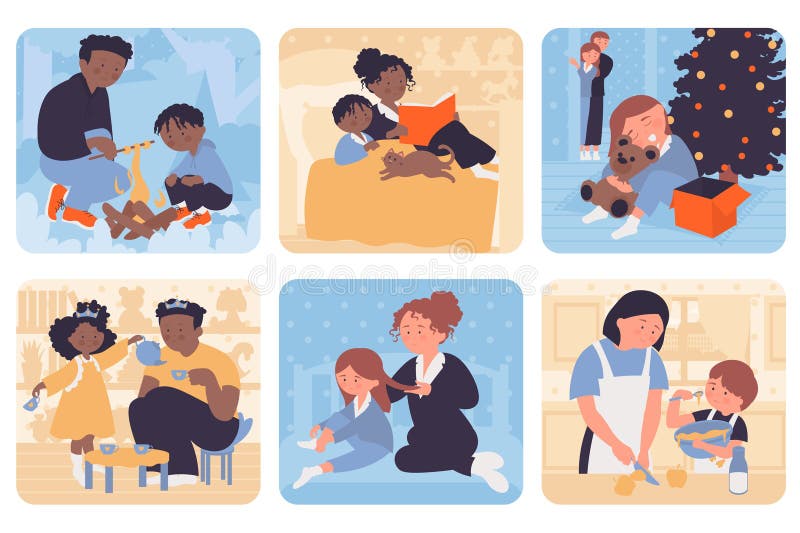 Family Activity Concept with People Situation Set in Flat Web Design ...