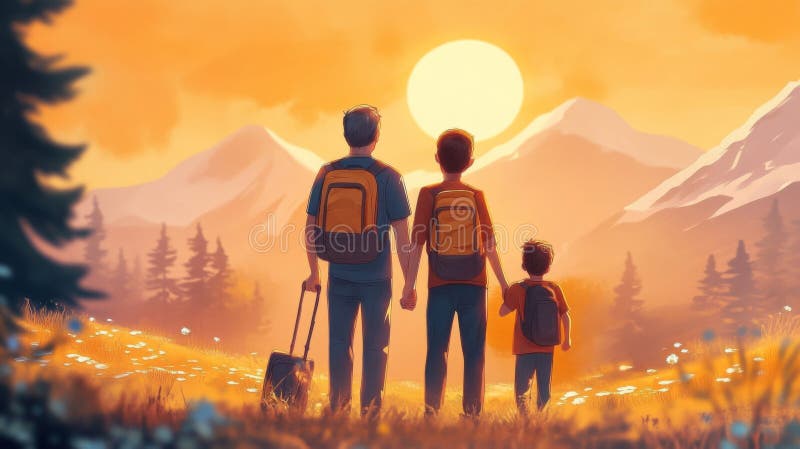 Family Adventure at Sunset: a Journey into the Mountains Stock ...