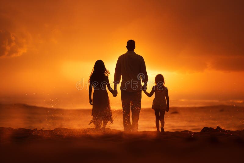 Family Against the Backdrop of the Orange Sun at the Resort Generative ...