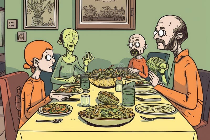 Family of Aliens, Sitting at Dinner Table, Sharing Meal and ...