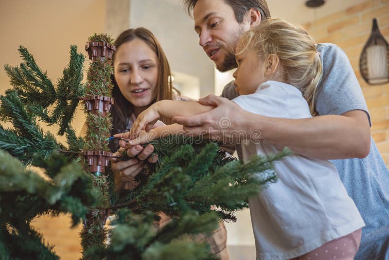Family Assembling, Shaping Hook-in Artificial Christmas Tree at Home ...