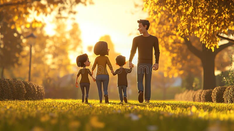 Family Autumn Stroll 3D Illustration Stock Illustration - Illustration ...