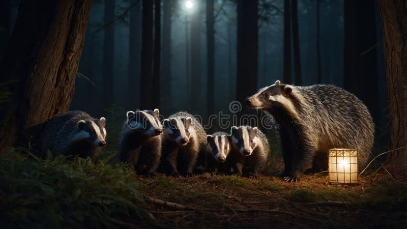 Enchanting Badger Family Night Scene in the Forest Stock Illustration ...
