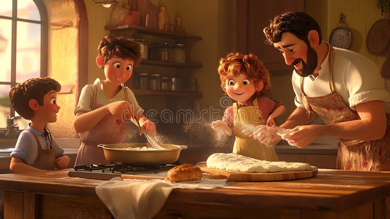 Family Baking Bread 3D Illustration Stock Illustration - Illustration ...