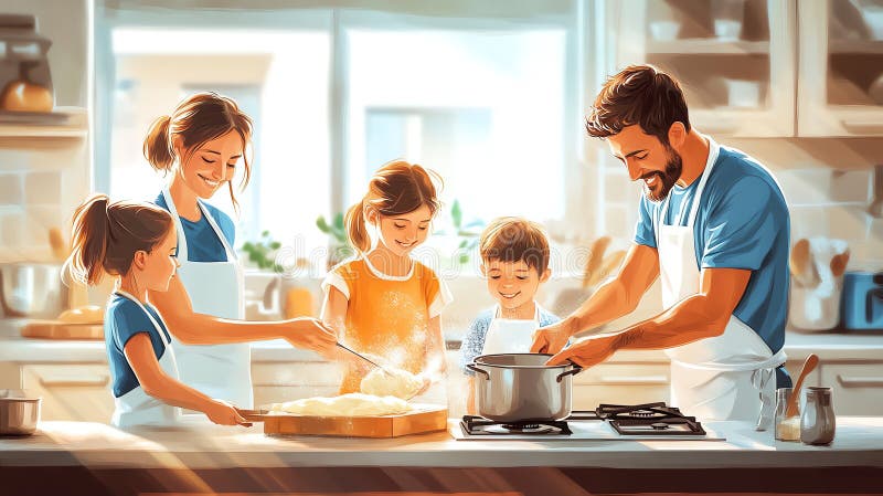 Family Baking Illustration: Joyful Kitchen Scene Stock Image - Image of ...