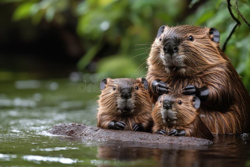 A Family of Beavers Building a Dam in the River Stock Illustration ...