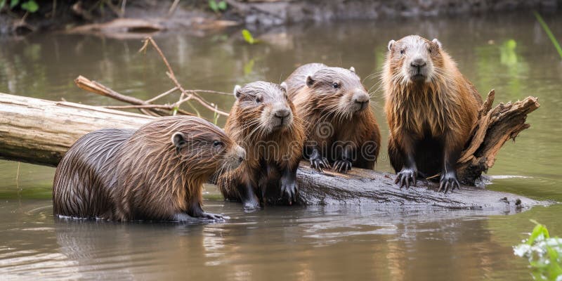 A Family of Beavers Building a Dam in a River, Concept of Ecosystem ...