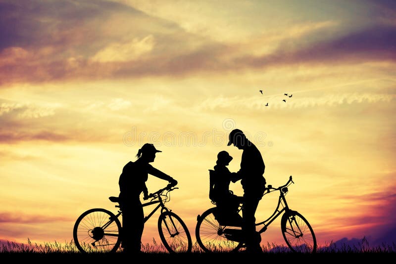 Family on Bicycle at Sunset Stock Illustration - Illustration of ...