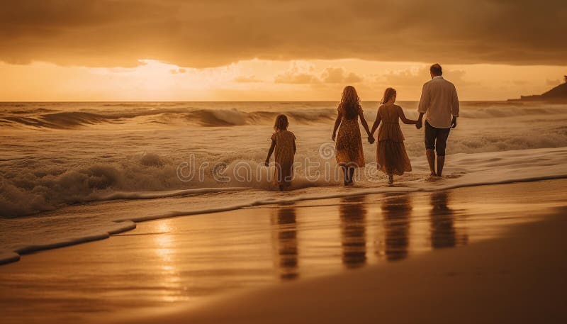 Family Bonding on the Beach at Sunset Generated by AI Stock ...