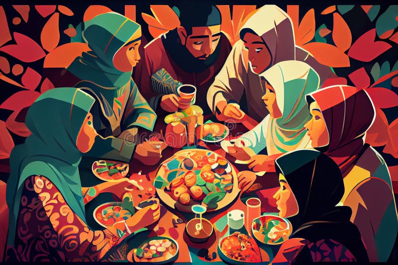 Family Breaking Fast during Ramadan Around a Table. Digital Painting ...