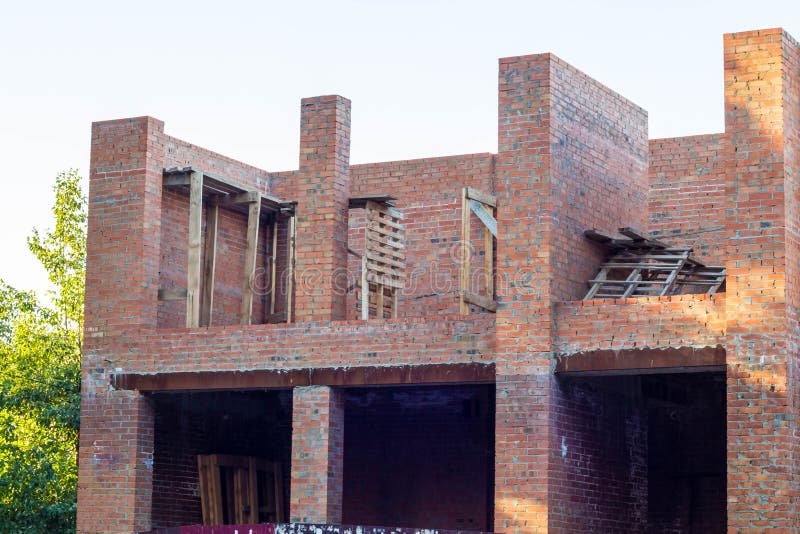 Family Brick House Under Construction in Summer Nobody Stock Photo ...