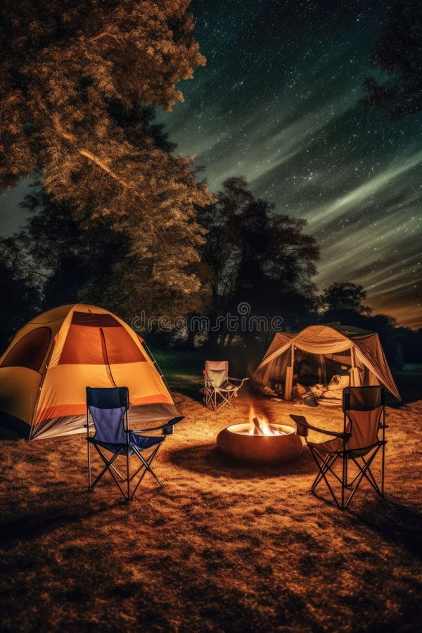 Family Camping Site with Tent, Campfire, and Chairs Stock Illustration ...