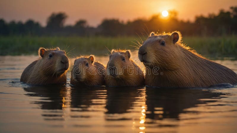 Capybara Family Silhouetted at Golden Hour Sunset in Water Stock ...